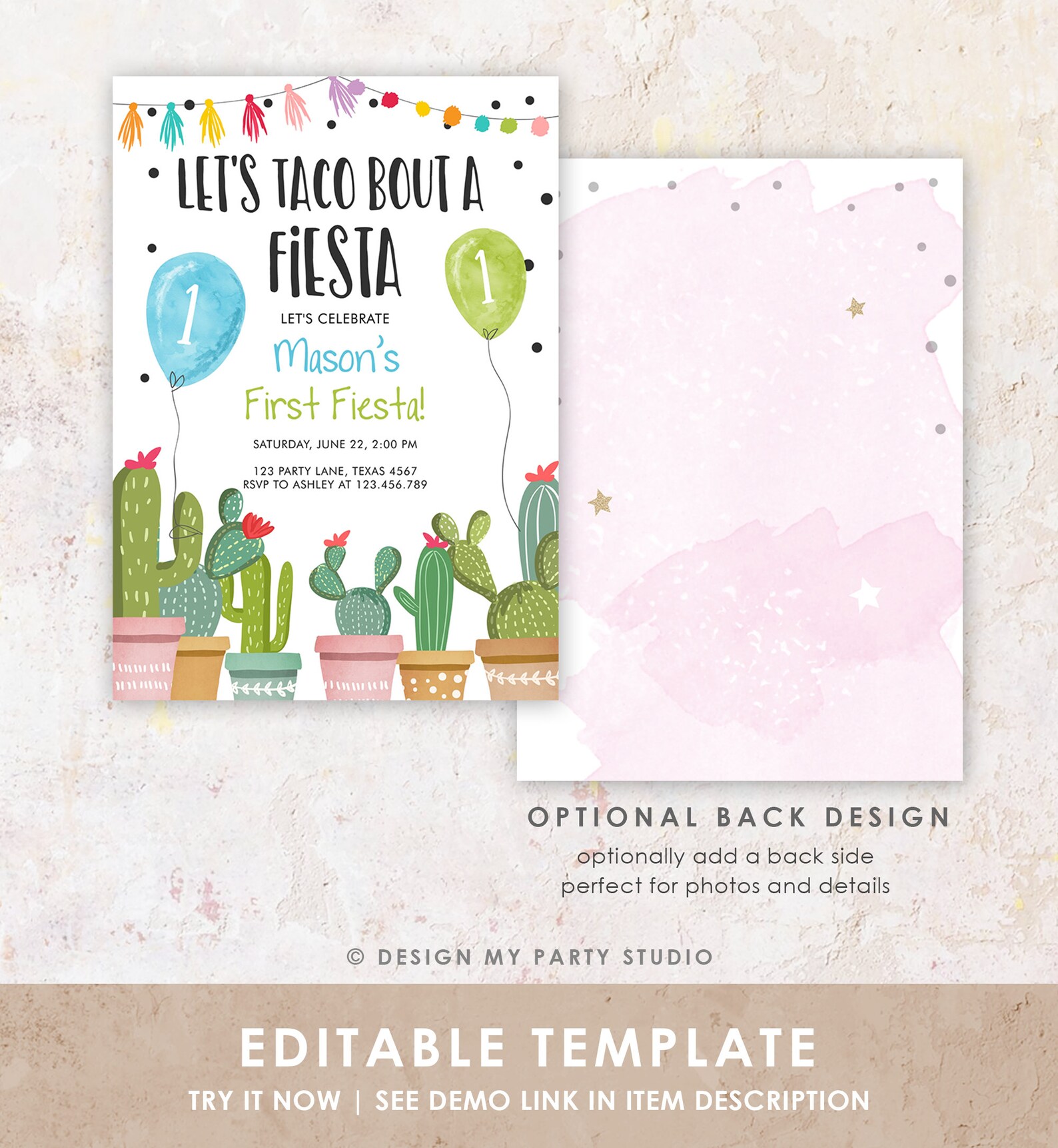 Editable Taco Bout a Fiesta Birthday Invitation ANY AGE Party Cactus ...