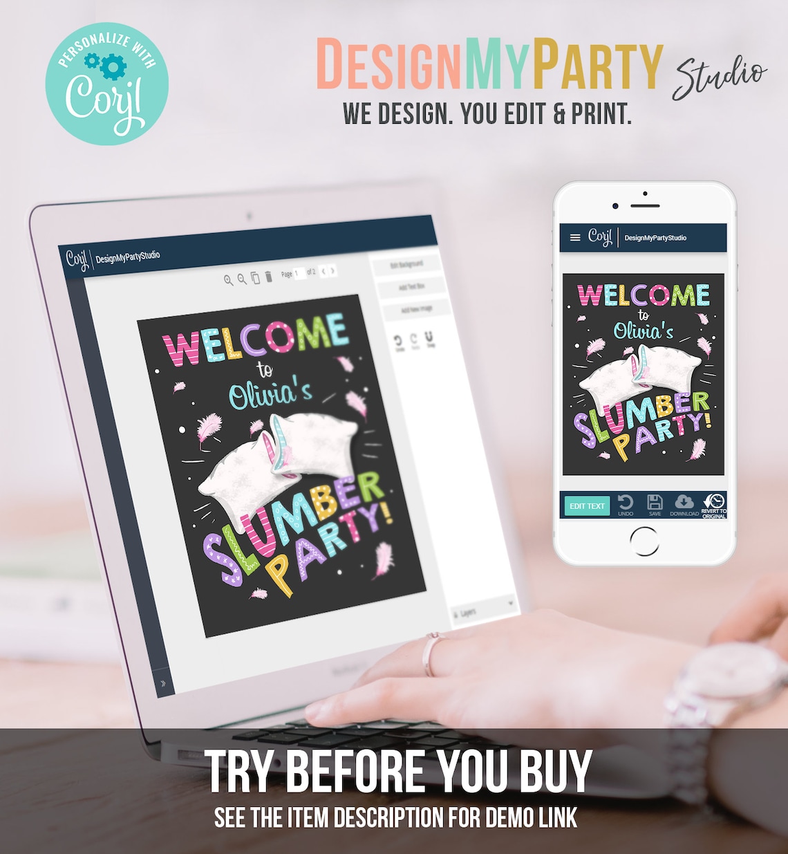 Editable Slumber Party Birthday Welcome Sign Sleepover Pajamas Pillow ...