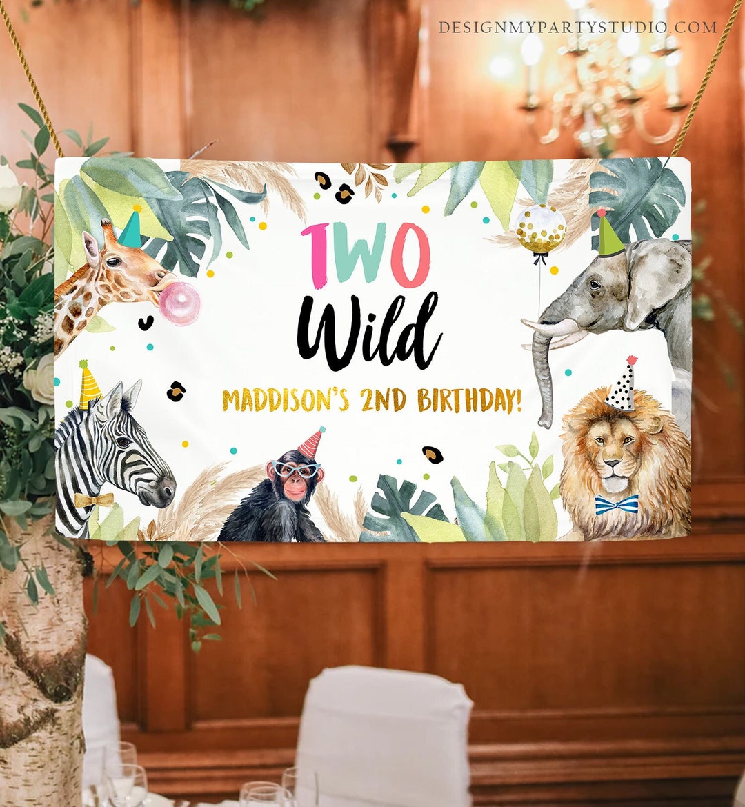 Editable Party Animals Two Wild Backdrop Banner Safari Animal Girl Pink ...