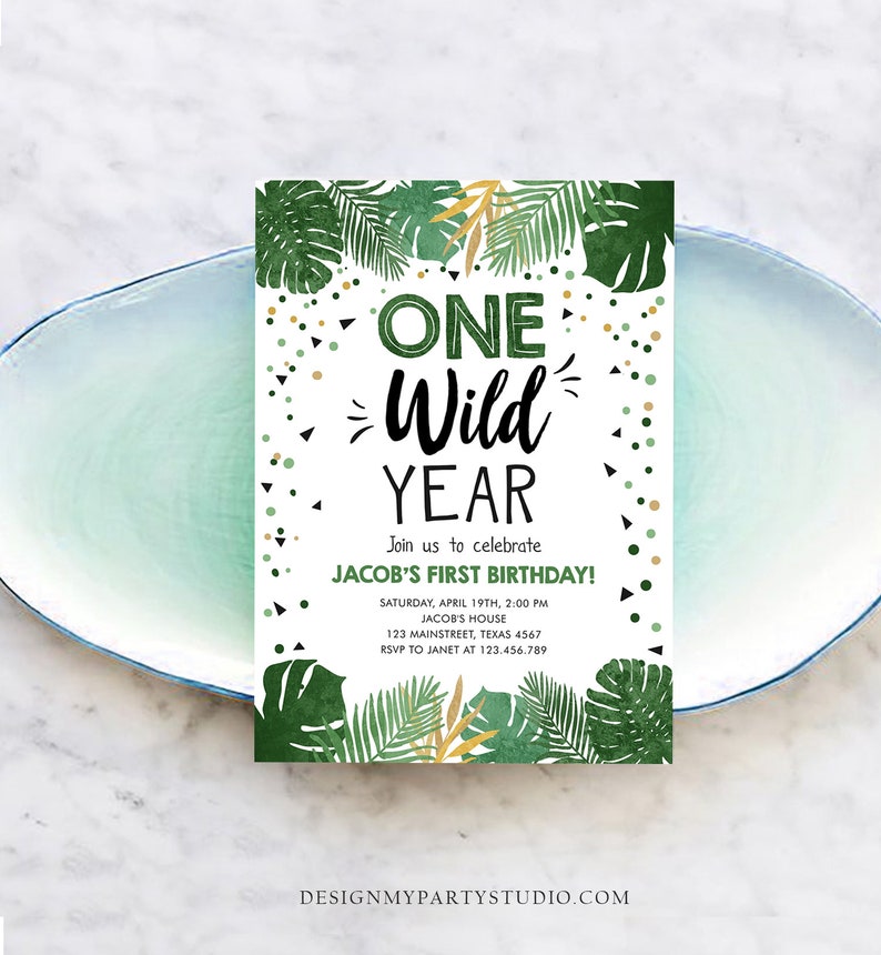 Editable One Wild Year Birthday Invitation Boy Tropical Safari Pink ...