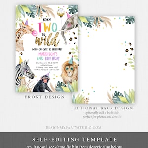 Editable Birthday Invitation Girl Born Two Be Wild Party Animals Invite ...