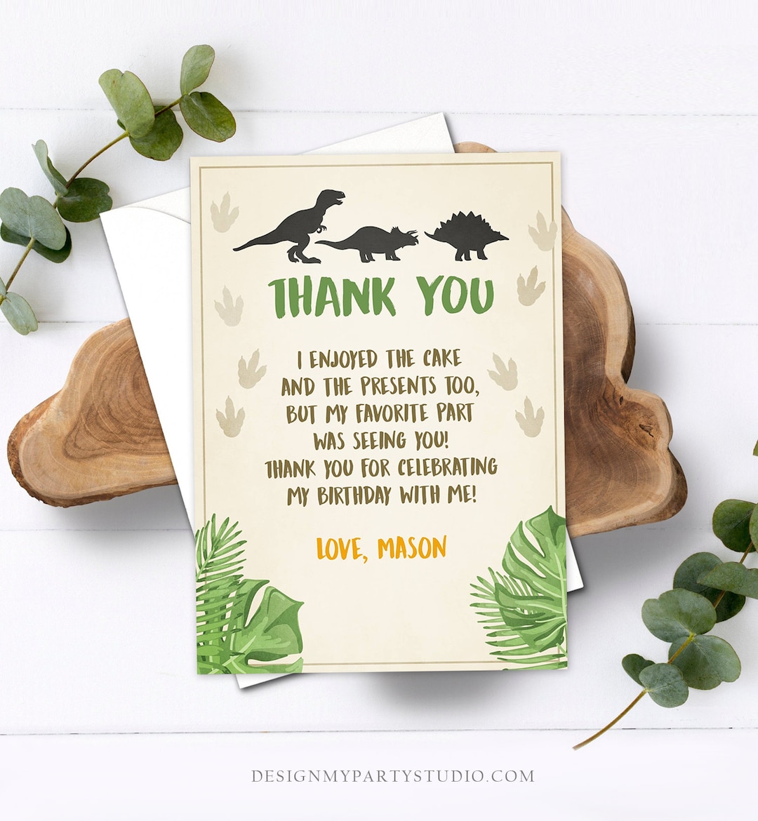 Editable Dinosaur Thank You Card Boy Prehistoric Dino Dig Party T-rex ...