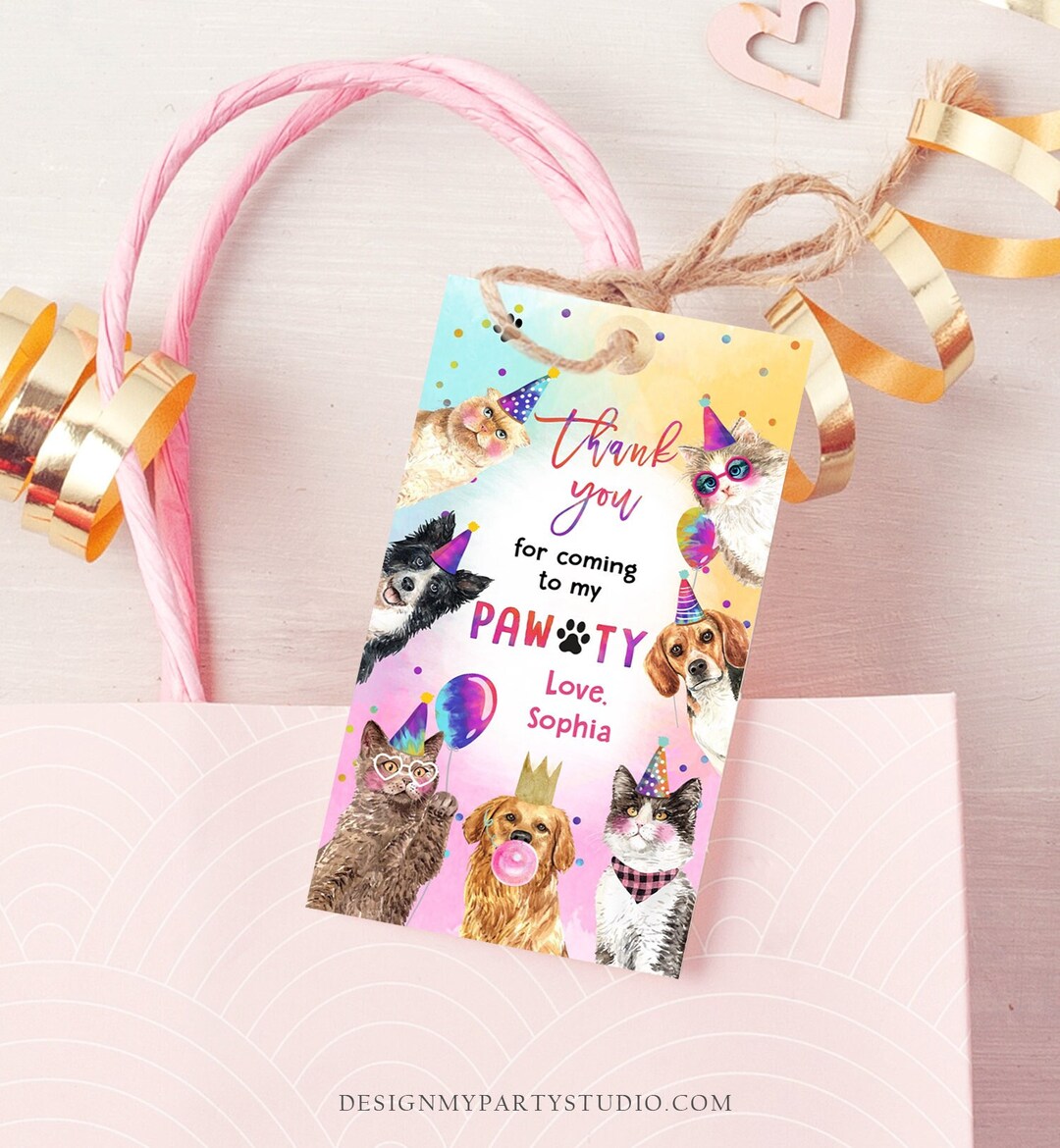 Editable Cats and Dogs Favor Tags Cat Birthday Thank You Tag Girl Puppy ...