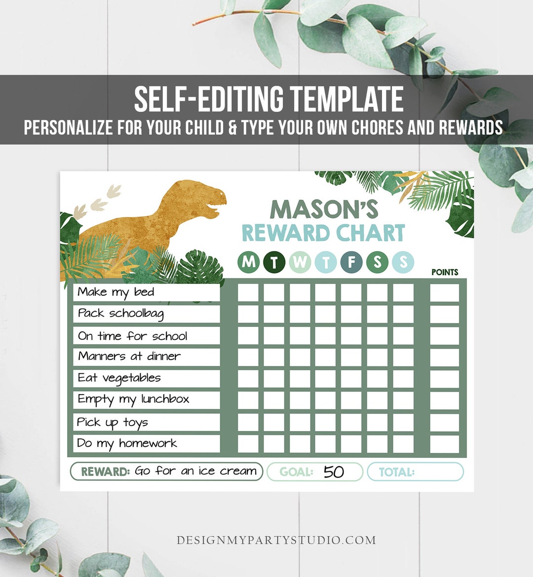 Editable Dinosaur Reward Chart for Boys Printable Dino Chore Chart for ...