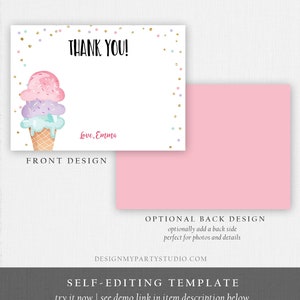 Editable Ice Cream Thank You Card Ice Cream Birthday Thank You Note ...