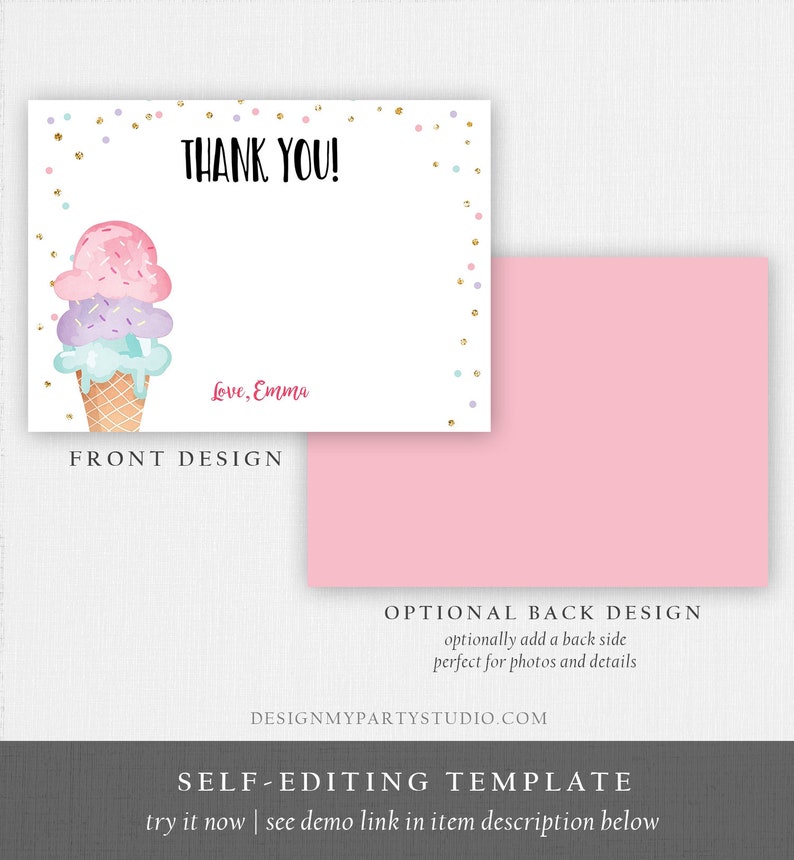 Editable Ice Cream Thank You Card Ice Cream Birthday Thank You | Etsy