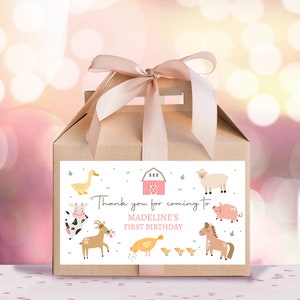 Editable Farm Animals Gable Gift Box Label Pink Farm Birthday Girl ...