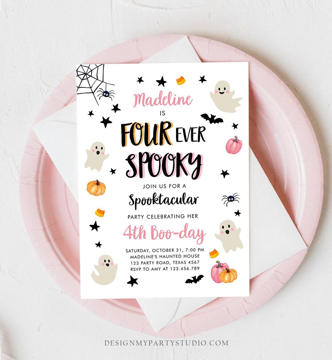 Editable Halloween Four Ever Spooky Birthday Invitation 4th Pink Ghost ...