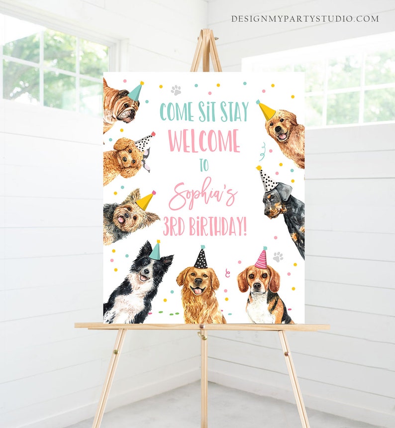 Editable Puppy Dog Birthday Party Welcome Sign Puppy Birthday Pink Pet ...