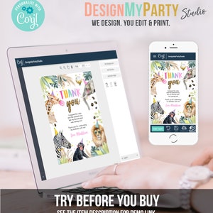 Editable Thank You Card Safari Animals Wild One Two Wild Thank You Note ...