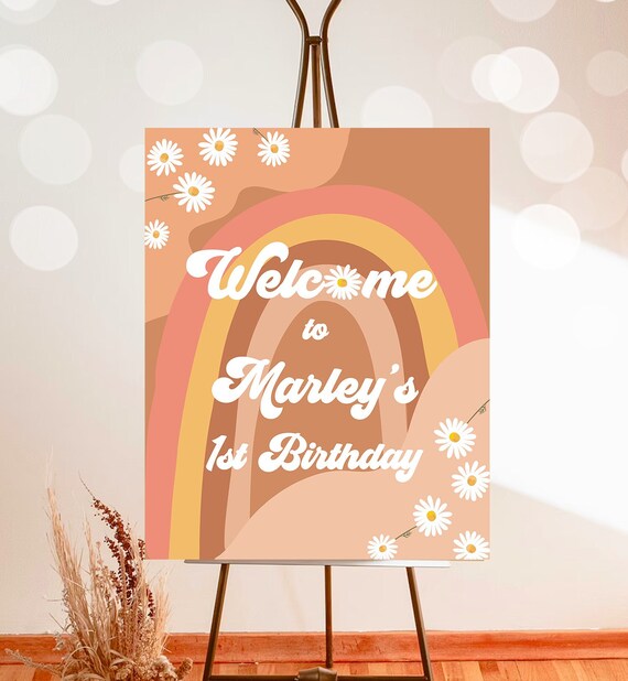 Editable Groovy Birthday Welcome Sign Floral Boho Birthday Welcome Sign ...