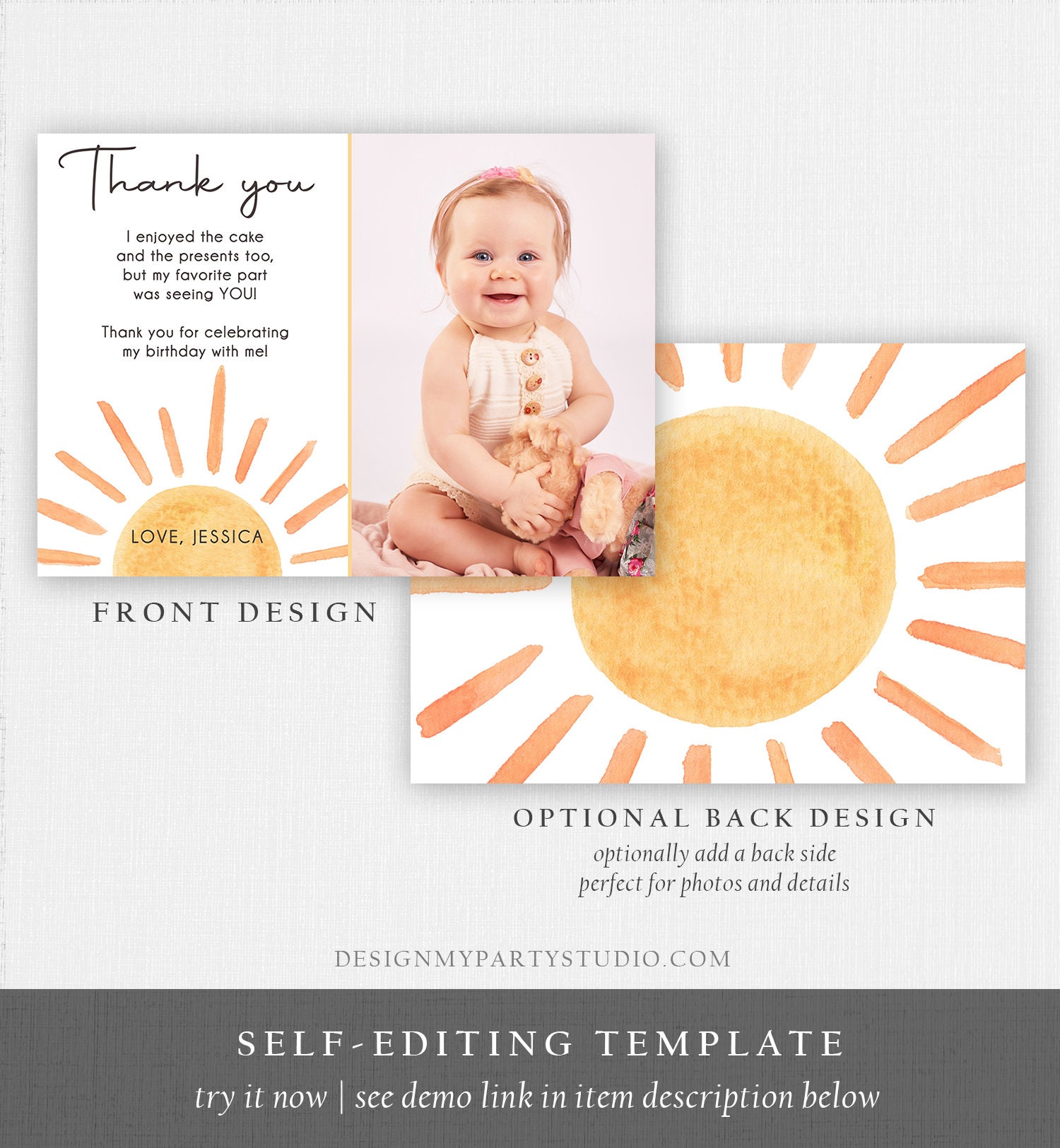 Editable Sun Thank You Card Sun Birthday Party Thank You Note Sunshine ...