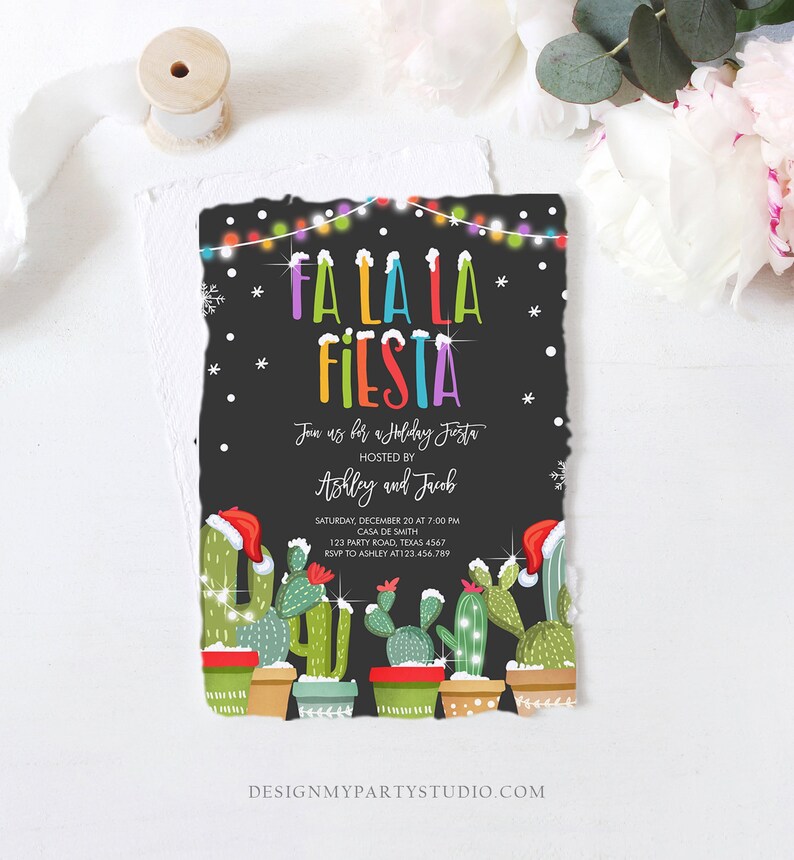 Editable Fa La La Christmas Fiesta Invitation Cactus Mexican Holiday ...