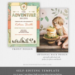 Editable Adventure Begins Graduation Party Invitation Woodland Vintage ...