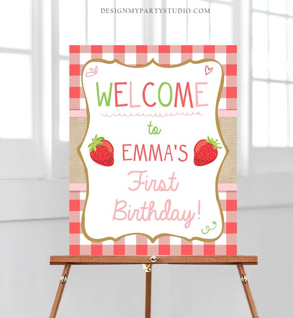 Editable Strawberry Welcome Sign Strawberry Birthday Party Welcome ...