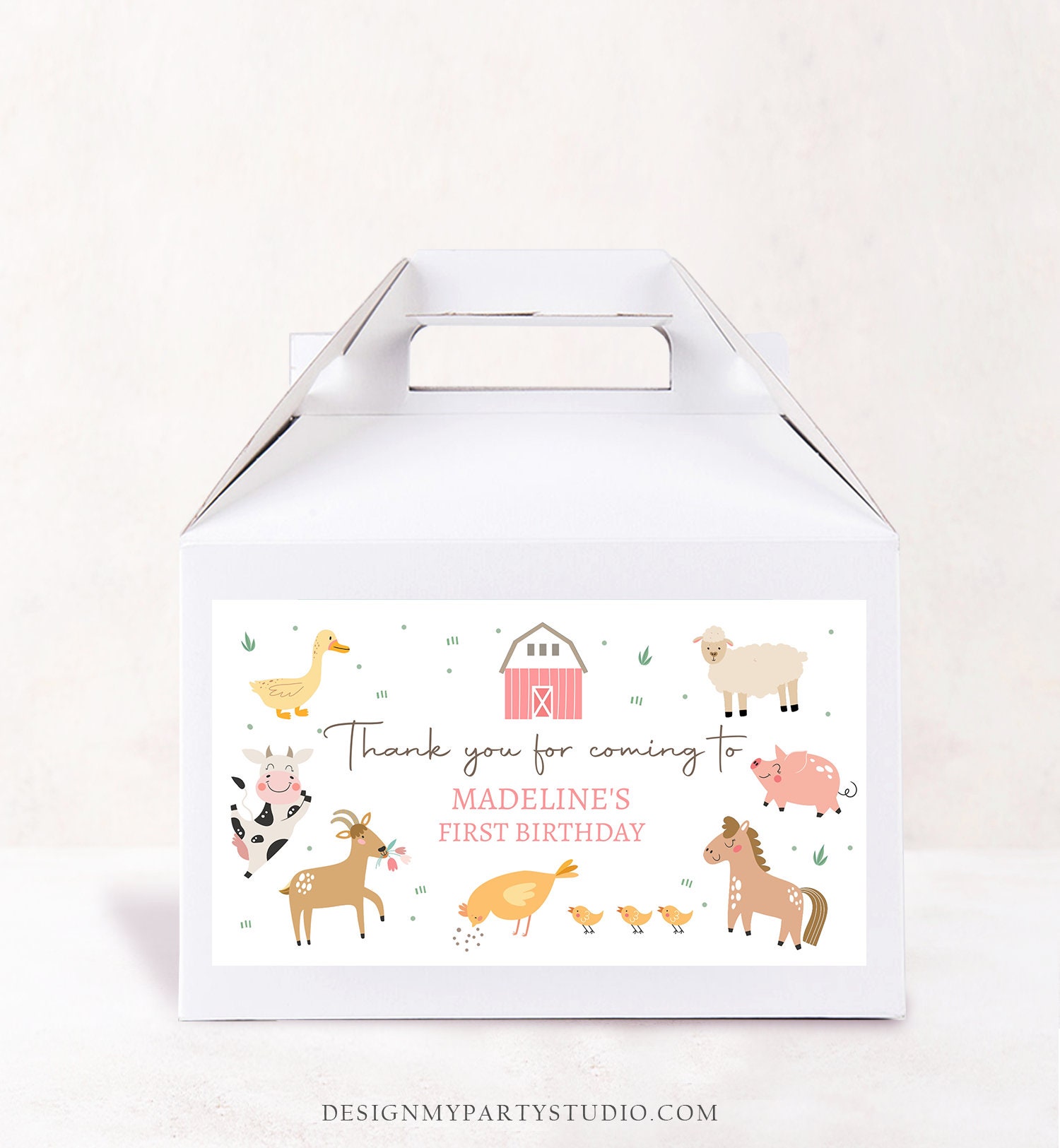 Editable Farm Animals Gable Gift Box Label Pink Farm Birthday - Etsy
