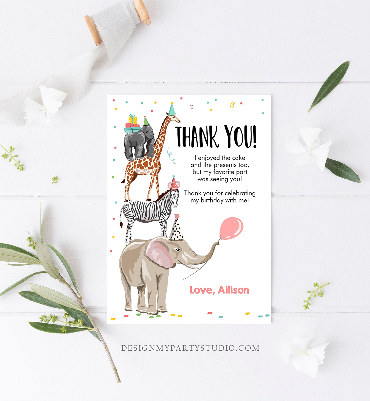 Editable Thank You Card Party Animals Thank You Note Wild - Etsy