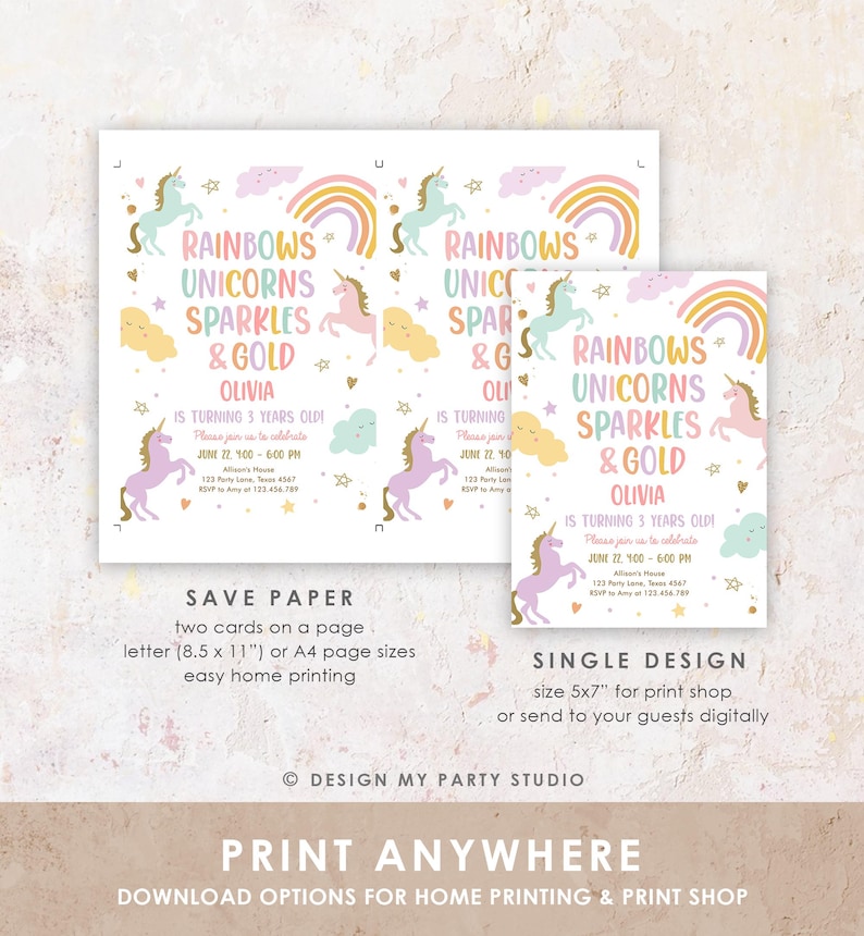 Editable Unicorn Birthday Invitation 3rd Third Birthday Rainbows ...