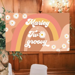 Editable Groovy Birthday Backdrop Two Groovy Girl Retro Daisy Party ...