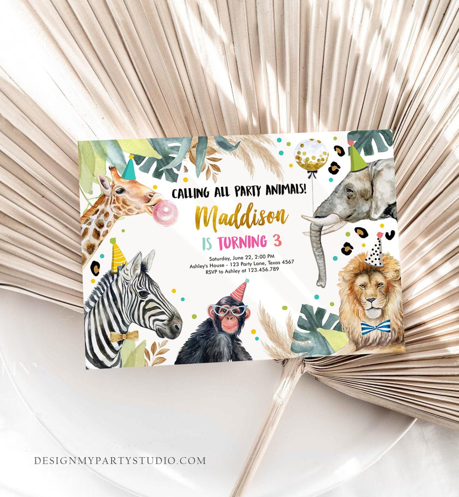 Editable Party Animals Birthday Invitation Wild One Animals Invitation ...