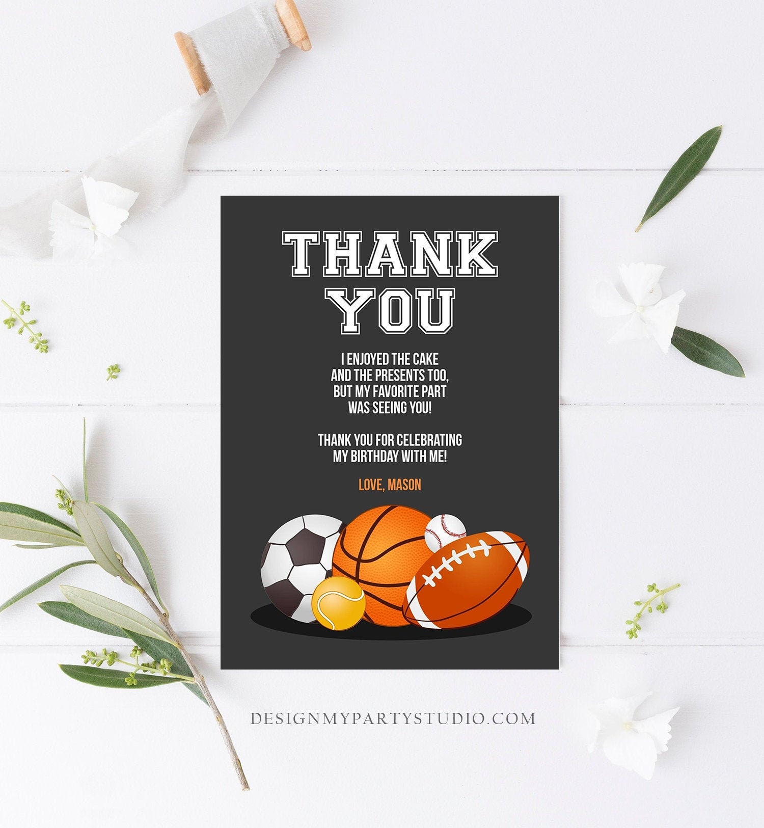 Editable Sports Thank you Card Sports Birthday Boy All Star | Etsy