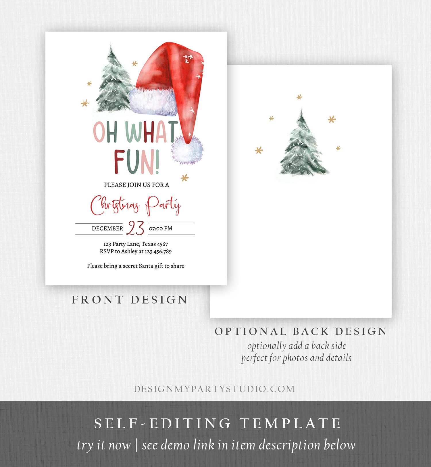 Editable Christmas Party Invitation Kids Holiday Santa Hat Oh What Fun ...