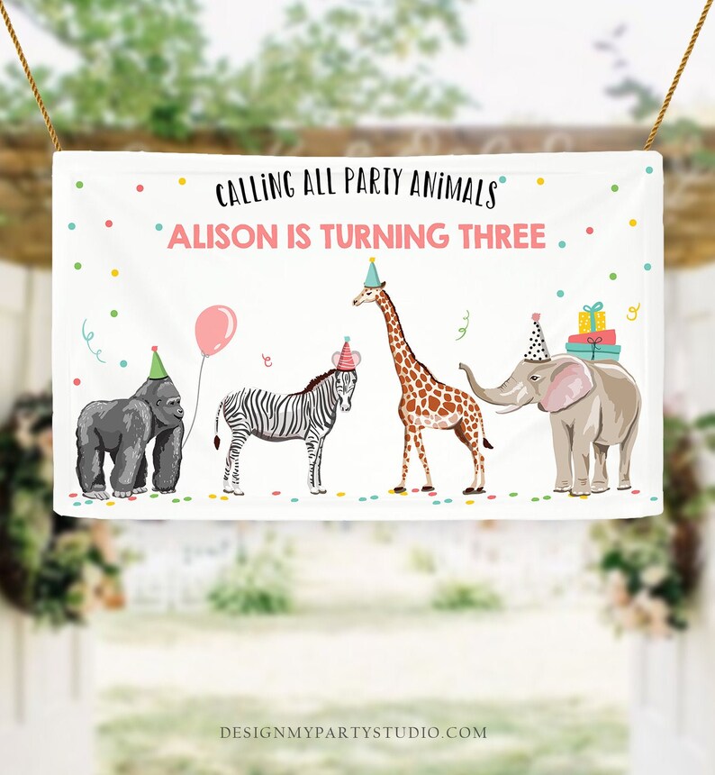 Editable Party Animals Birthday Backdrop Banner Safari Animals - Etsy