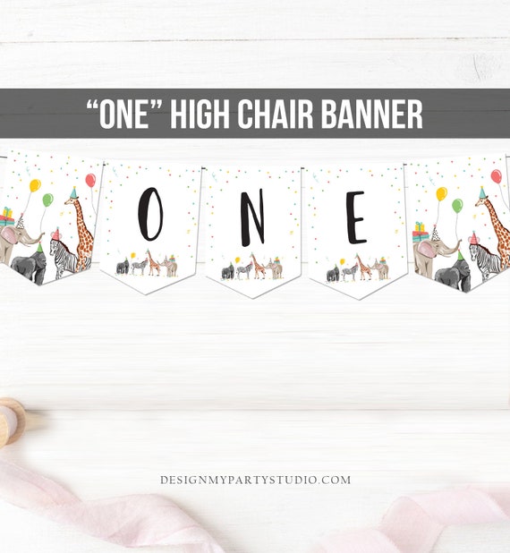 High Chair ONE Birthday Banner Party Animals Safari Animals Wild One ...