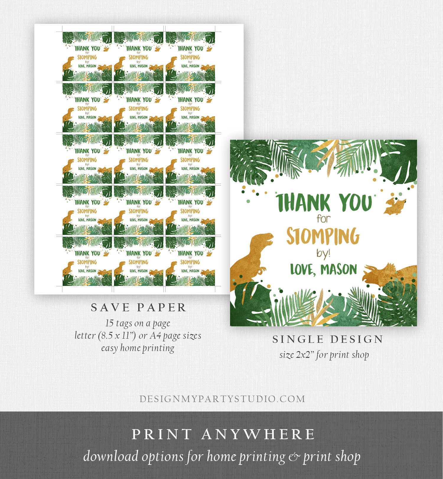 Editable Dinosaur Favor Tags Gift Tag Boy Green Gold Thank You - Etsy
