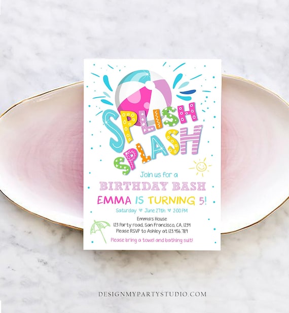 Editable Splish Splash Birthday Invitation Pool Party Boy Beach Ball Blue Green Birthday Bash ...