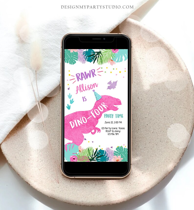 Editable Dino-four Dinosaur Birthday Evite Dino T-rex 4th Invitation ...