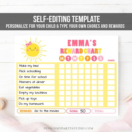 Editable Sunshine Reward Chart for Girls Printable Sunshine - Etsy