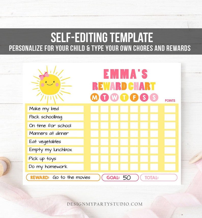 Editable Sunshine Reward Chart for Girls Printable Sunshine | Etsy