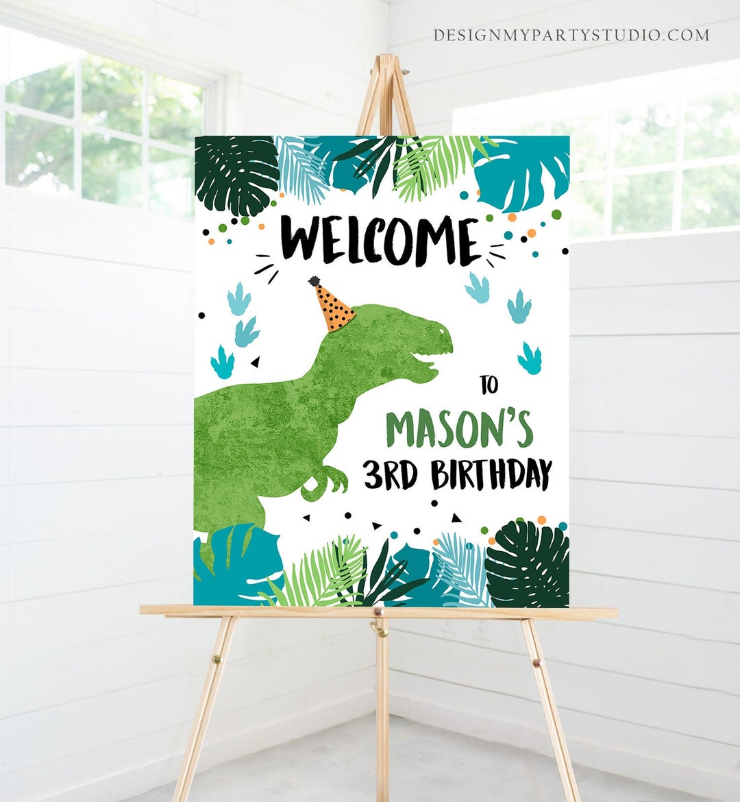 Editable Dinosaur Welcome Sign Boy Green Blue Dino Dig Party Trex ...