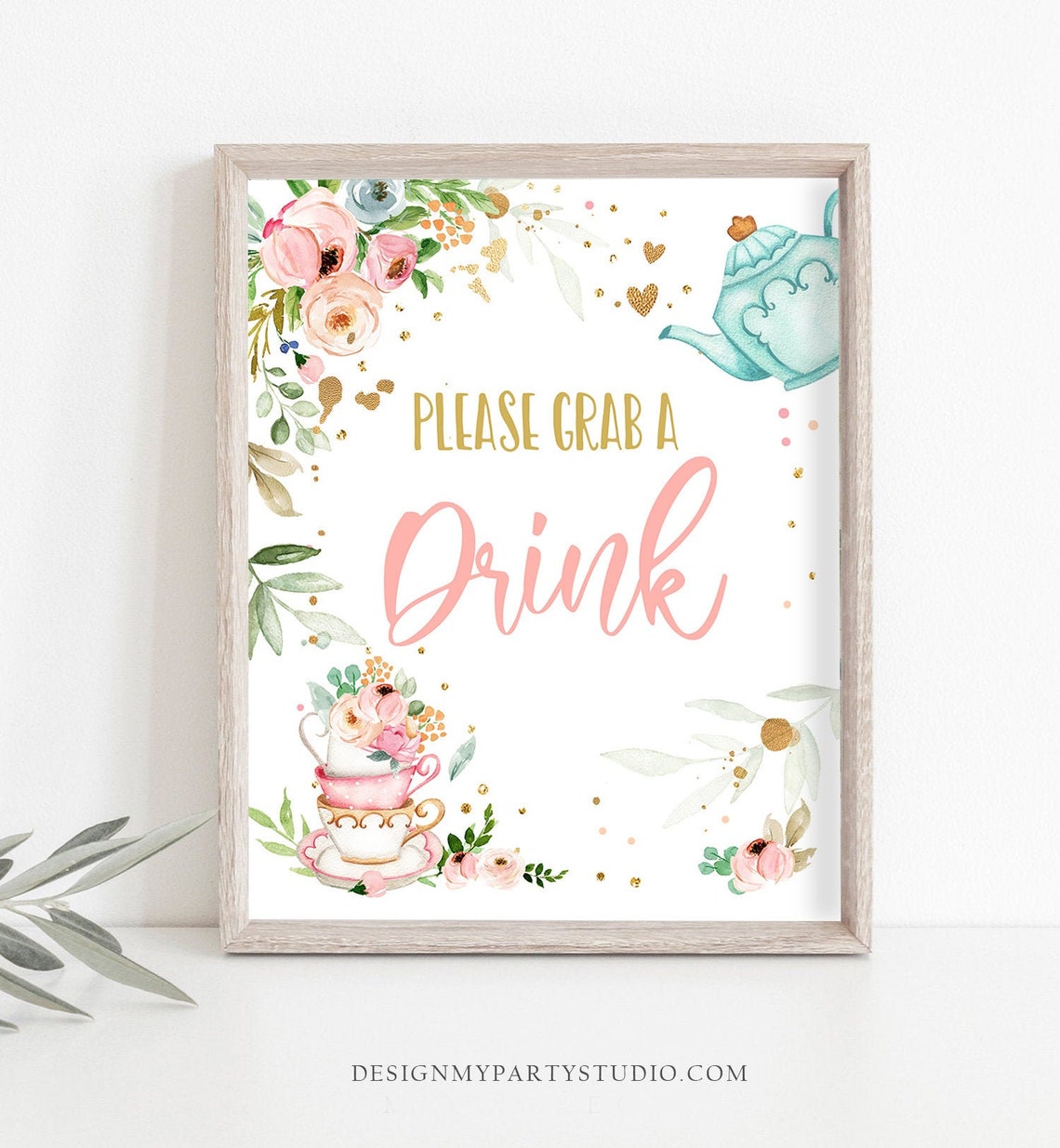 Drinks Tea Party Sign Par-tea Birthday Sign Pink Gold Floral - Etsy