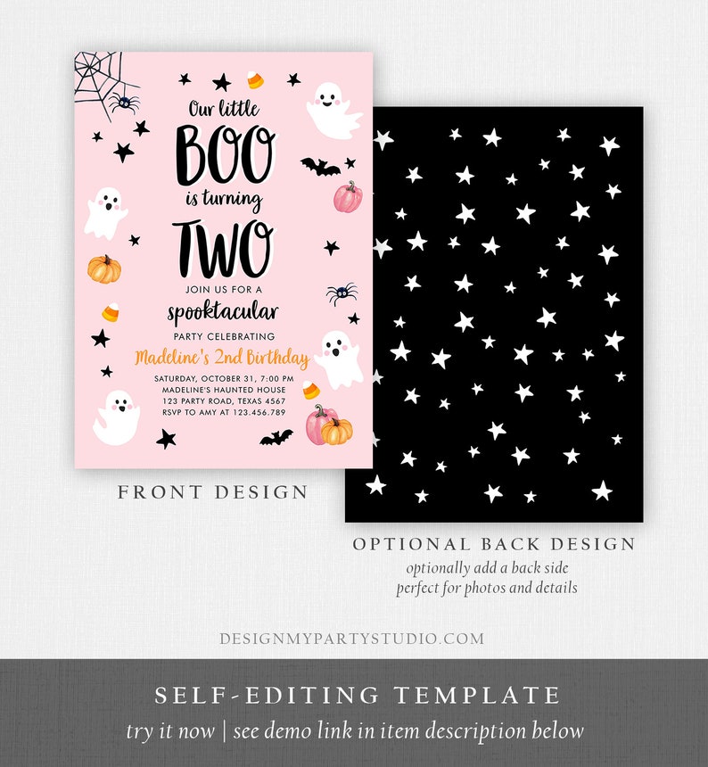 Editable Halloween 2nd Birthday Invitation Pink Ghost Costume - Etsy