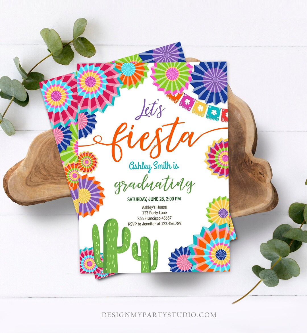 Editable Let's Fiesta Graduation Party Invitation Cactus Mexican Taco ...