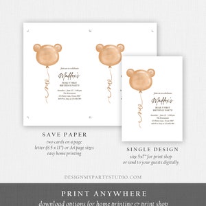Editable Bear Birthday Invitation Bear Balloon Modern Teddy Bears ...