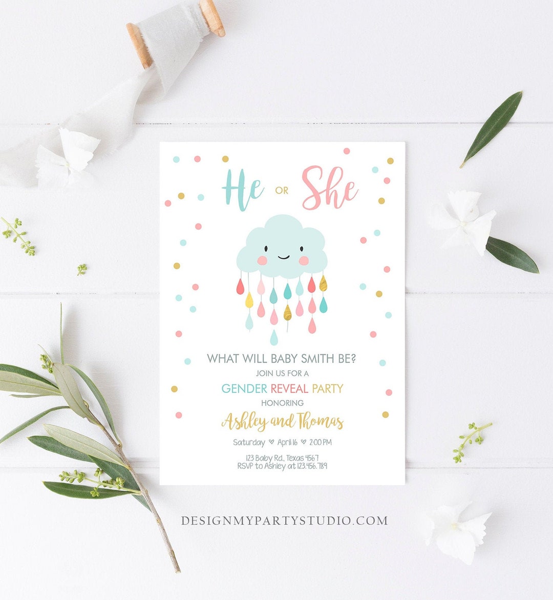 Editable Cloud Gender Reveal Invitation Boy or Girl Blue or Pink He or ...