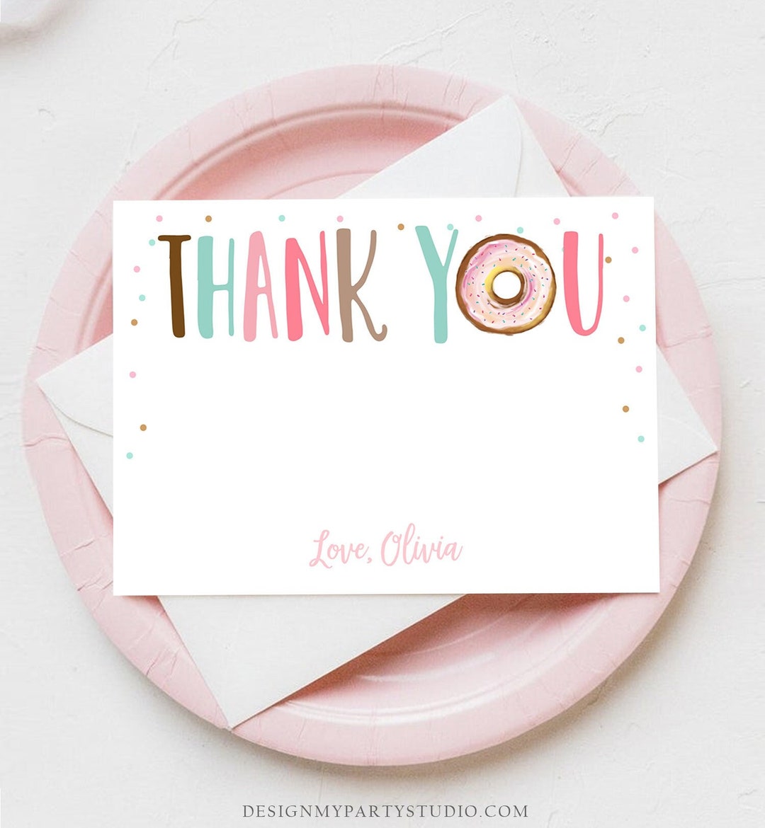 Editable Donut Thank You Card Note Pink Girl Birthday Party Doughnut ...