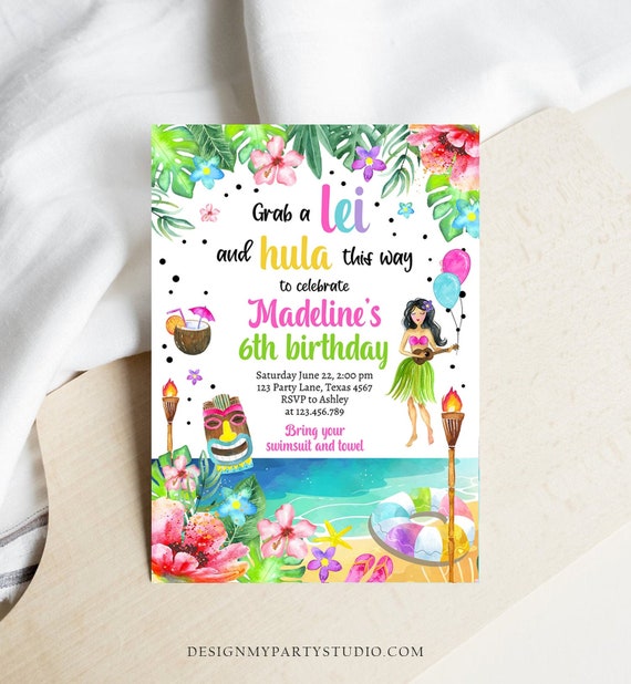 Editable Hawaiian Luau Birthday Invitation Tropical Pool Party | Etsy