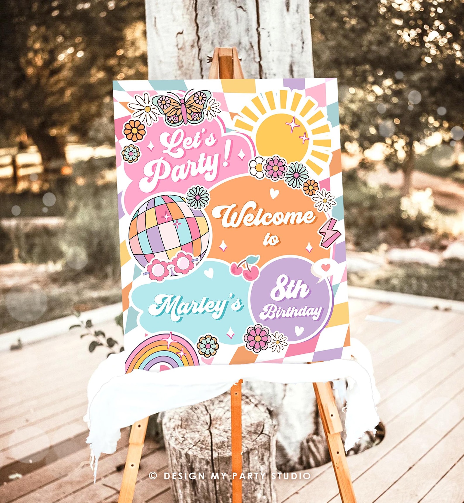 Editable Groovy Birthday Welcome Sign Rainbow Sunshine Girl Pink Peace ...