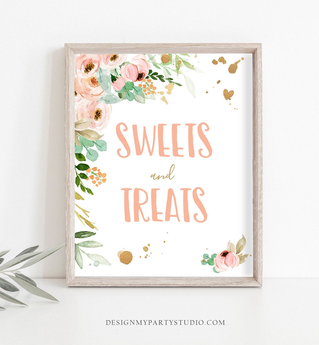 Sweets & Treats Sign Birthday Party Sign Flowers Blush Pink Gold Coral ...