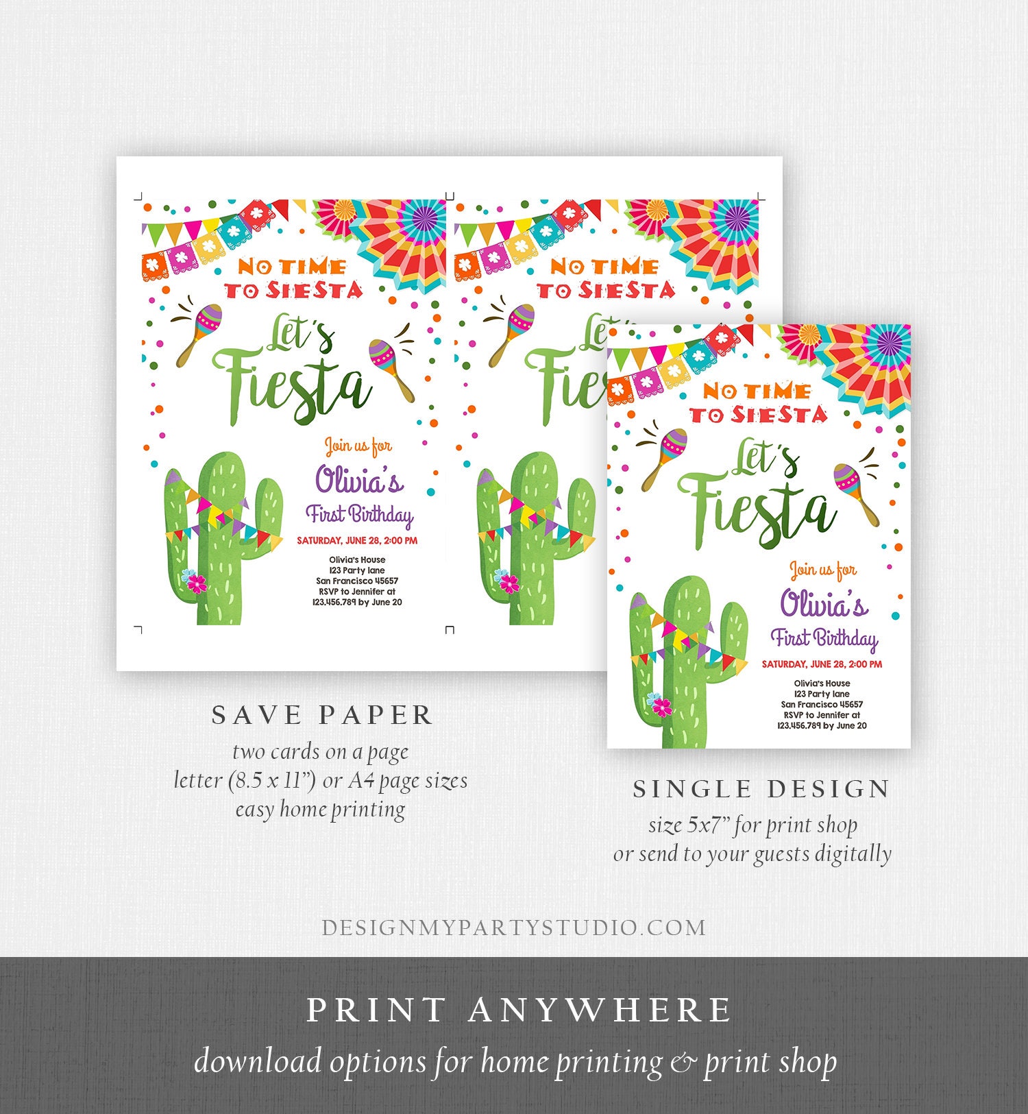 Editable Let's Fiesta Birthday Invitation No Time to Siesta Girl Cactus ...