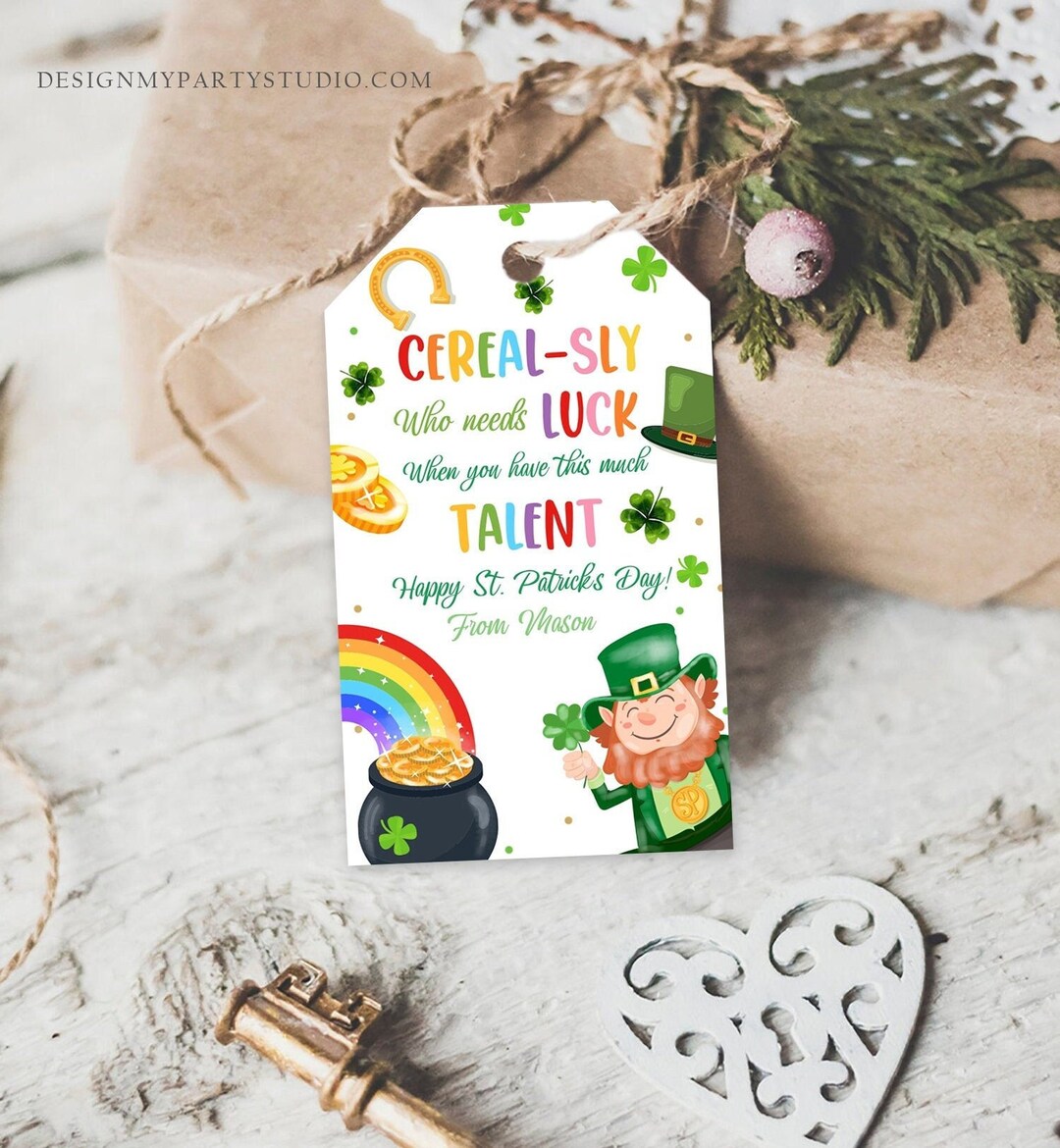 Editable St. Patrick's Day Tag Cerealsly Lucky Tag Rainbow Favor Tag ...