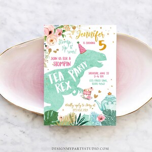Editable Dinosaur Tea Party Invitation Tea Rex Birthday Par-tea Pink ...