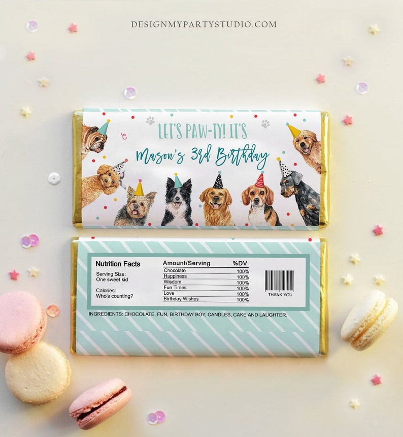 Editable Dog Candy Bar Wrapper Dog Birthday Party Chocolate Label Puppy ...