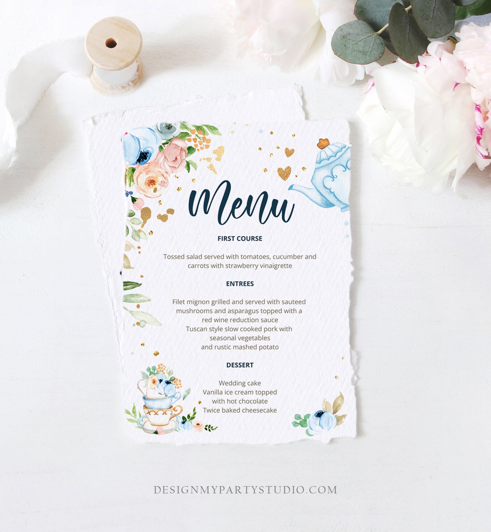 Editable Floral Tea Menu Card Tea Birthday Blue Gold Confetti - Etsy