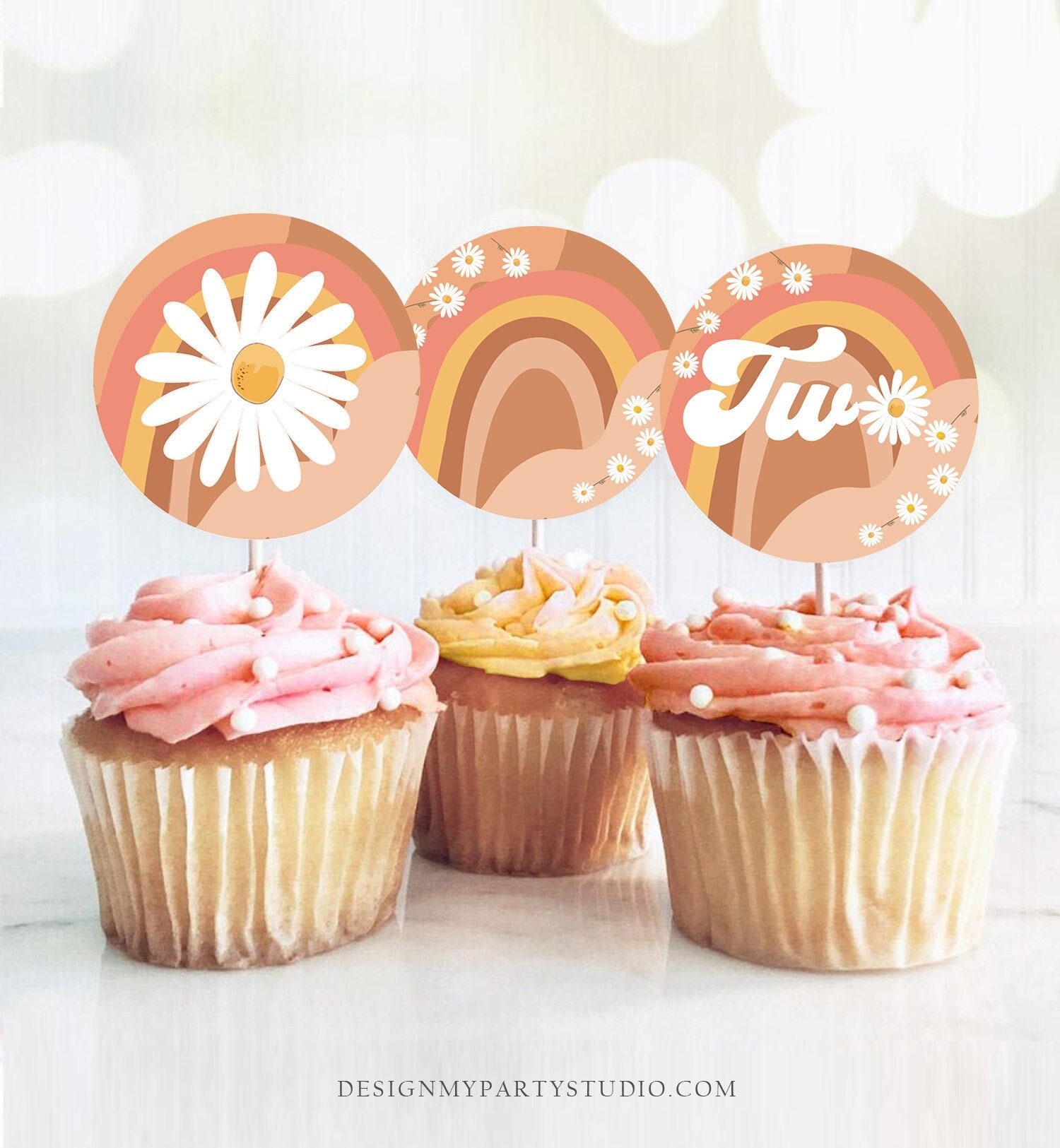 Two Groovy Birthday Cupcake Toppers Favor Tags Retro Daisy - Etsy