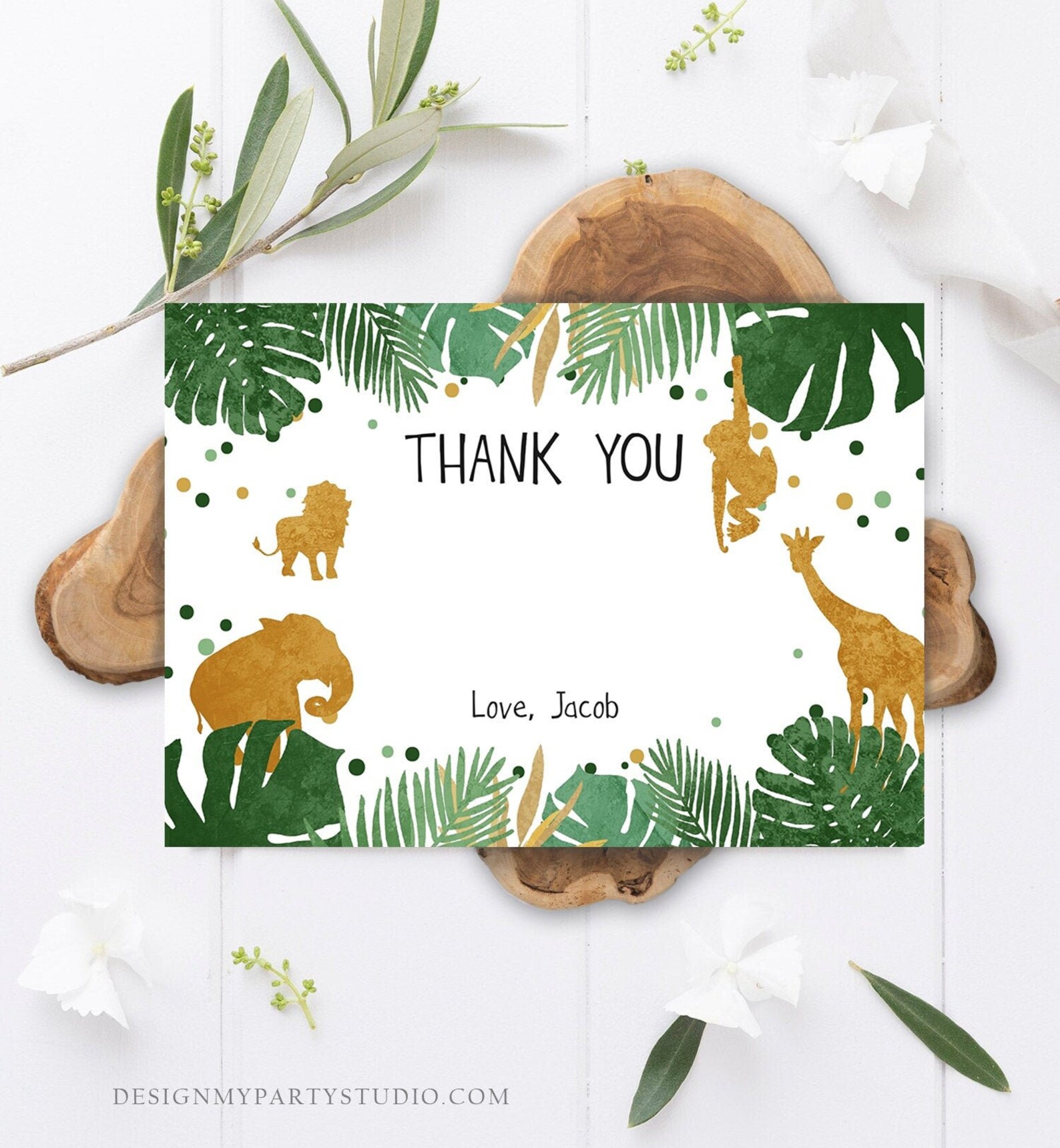 Editable Safari Animals Thank You Card Boy Birthday Baby Shower Party ...